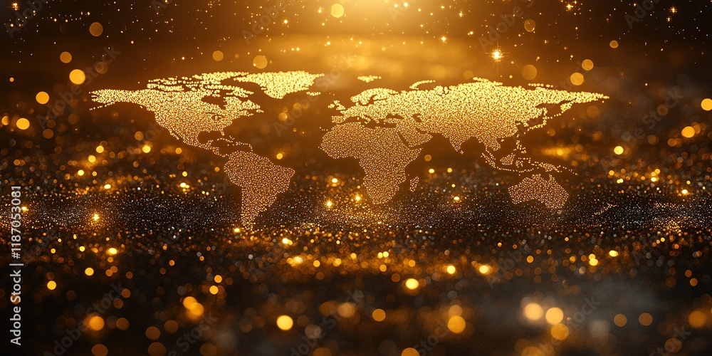 Glimmering golden world map with sparkling lights creating an ...