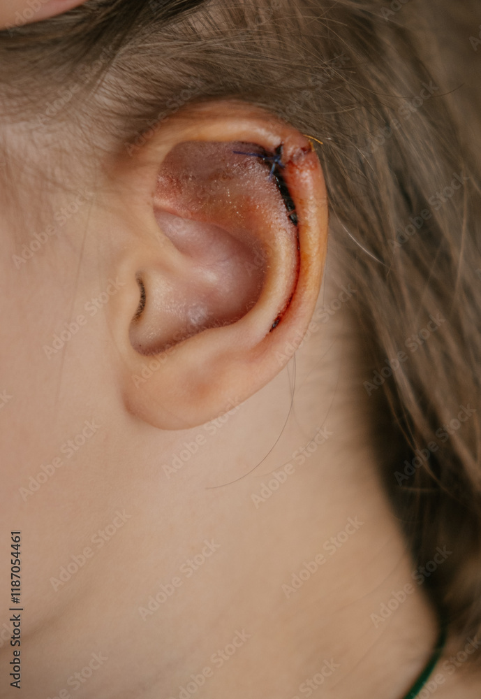 Stitches on the kid torn ear, dissection, suturing, bruise on the ear ...