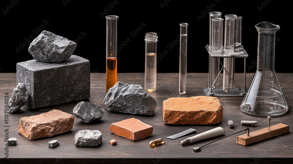 collection of raw earth elements and laboratory equipment, showcasing ...
