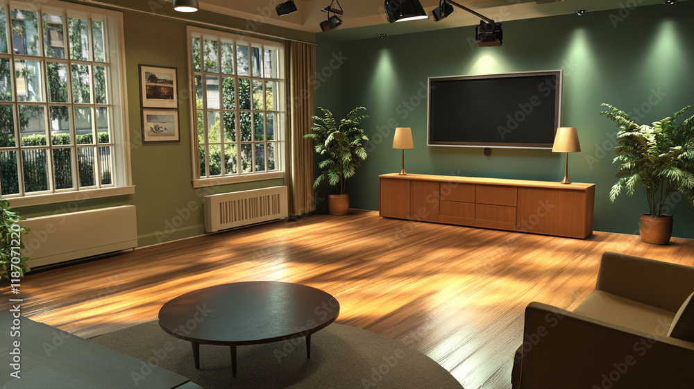3D-rendered TV studio with a wall-mounted TV, perfect for TV shows ...