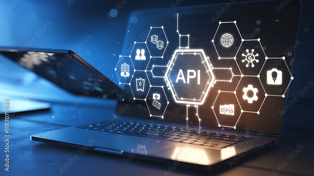 businessman pressing virtual button API, application programming interface. cloud computing ...