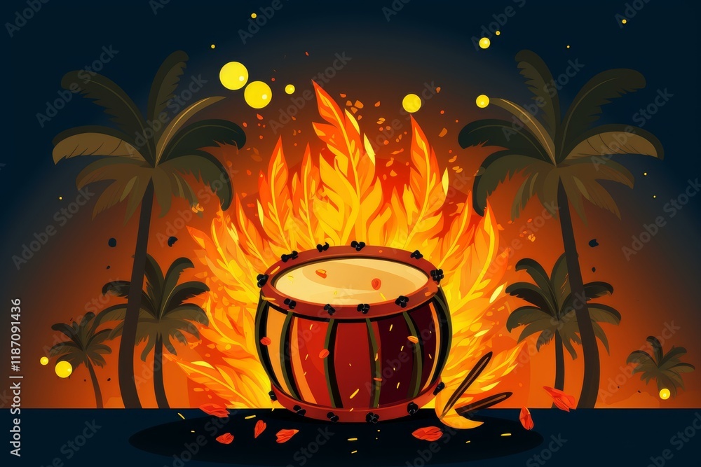 Vibrant illustration of a chenda drum engulfed in flames, set against a ...