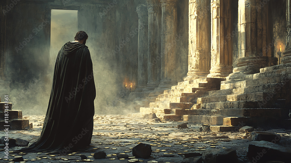 Judas exiting the temple with his head bowed, silver coins lying in ...