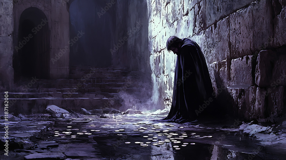 Judas exiting the temple with his head bowed, silver coins lying in ...