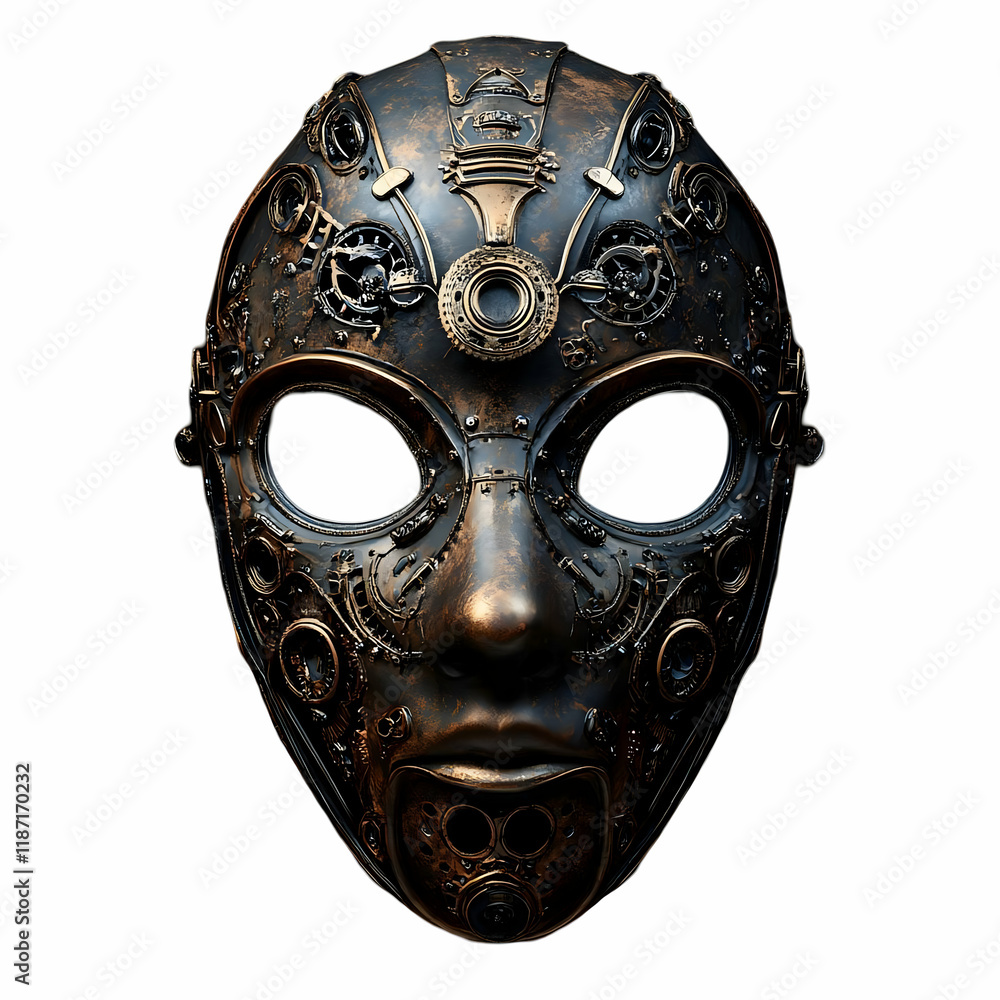 Intricate 3D rendering of a detailed steampunk mask with black ...