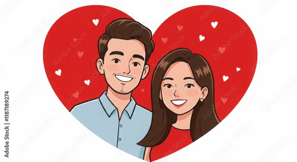 Cartoon Couple Illustration Inside Red Heart with Smiling Expressions ...