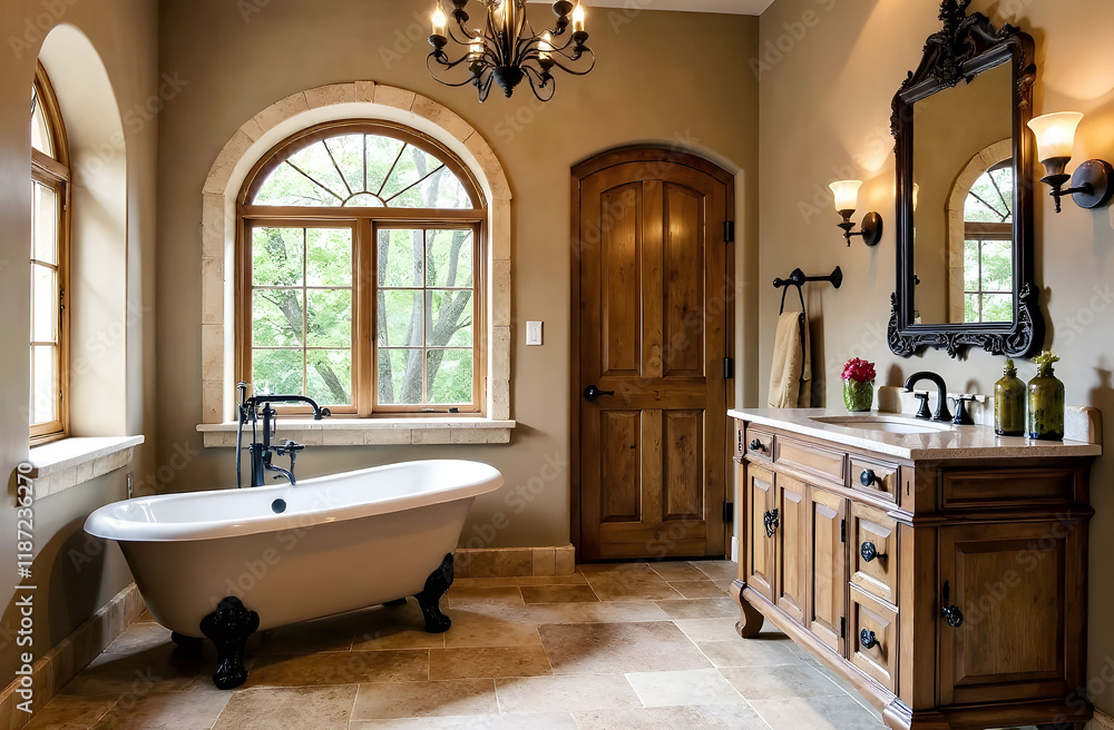 Tuscan-Style Bathroom in Mocha Mousse Color. A Tuscan-inspired bathroom ...