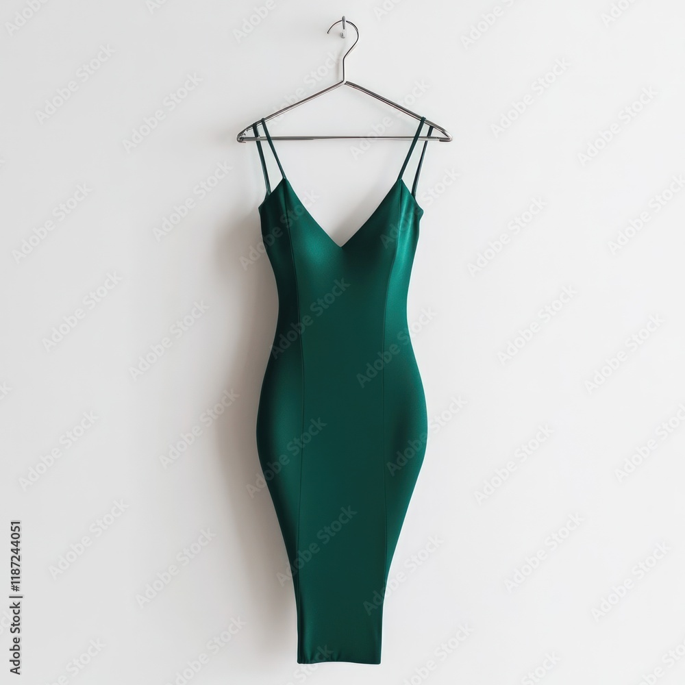 Sleek bodycon dress in emerald green, hung on a minimalist hanger, on ...