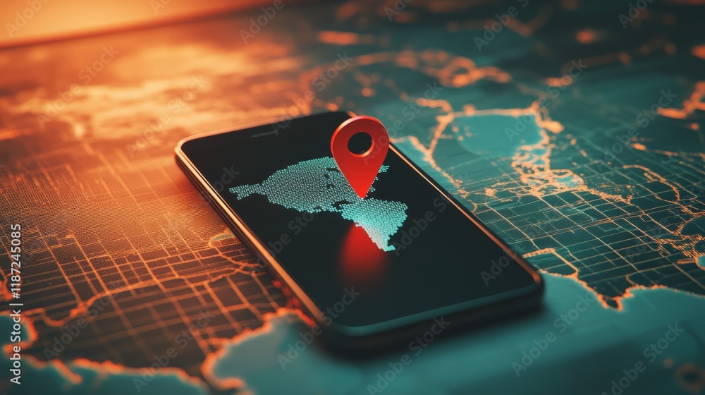 Smartphone displaying south america map with location pin positioned on top, placed on a world ...