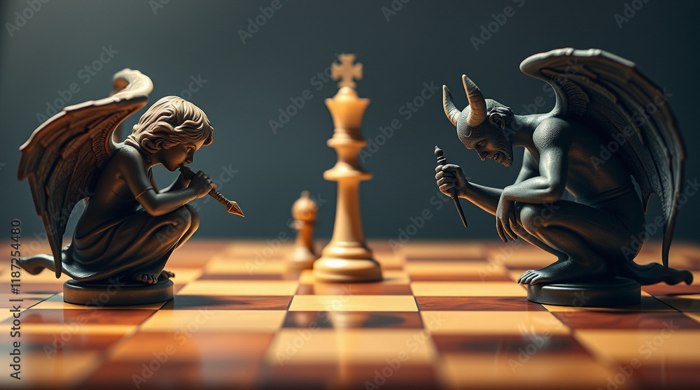 Angel and devil chess pieces face off across a chessboard, a queen ...