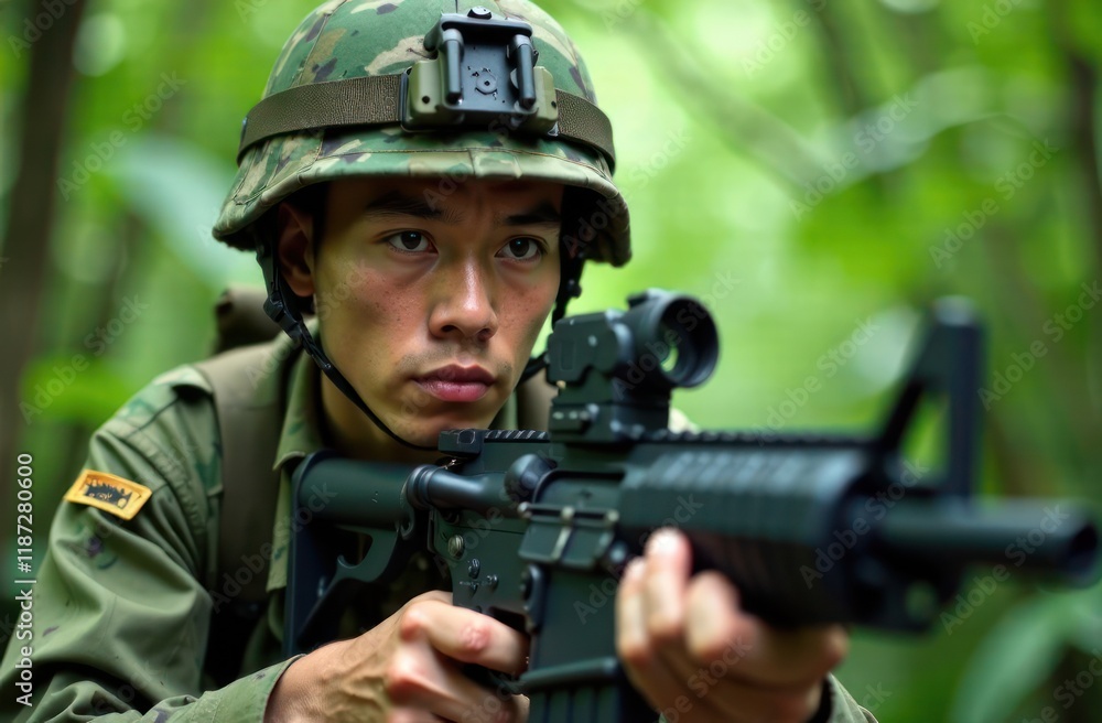 asian soldier in camouflage aiming rifle in green forest. military ...