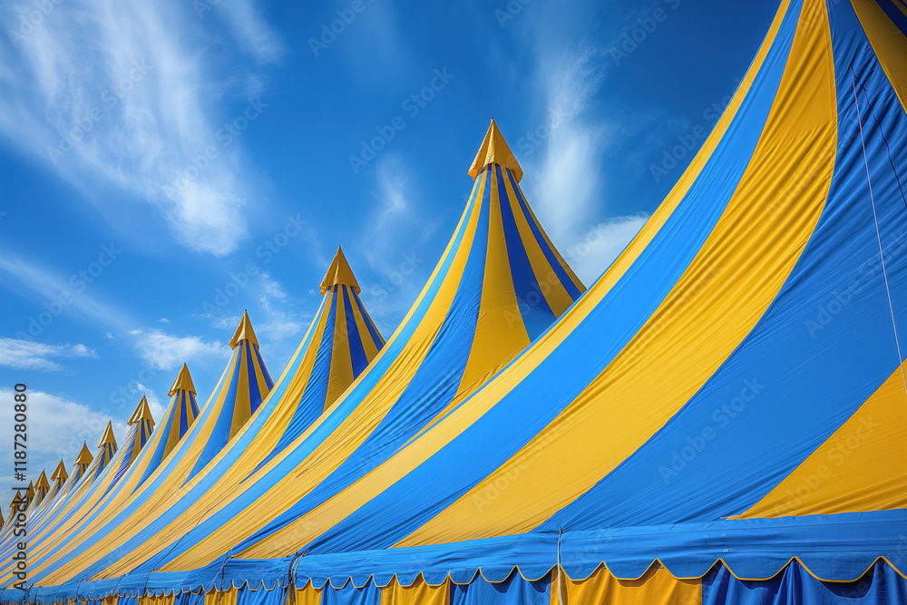 Colorful blue and yellow circus tents under clear blue sky Stock Photo ...