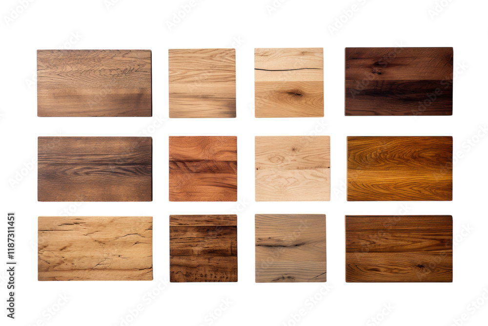 Variety of wood samples displayed on a wall for material selection and ...