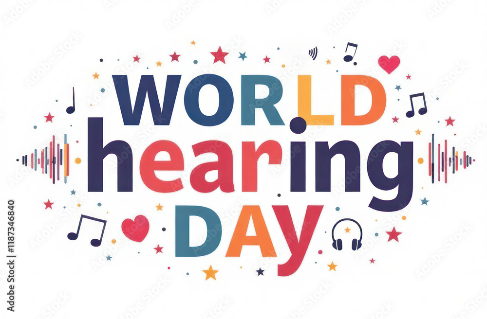 colorful illustration featuring bold text "world hearing day ...