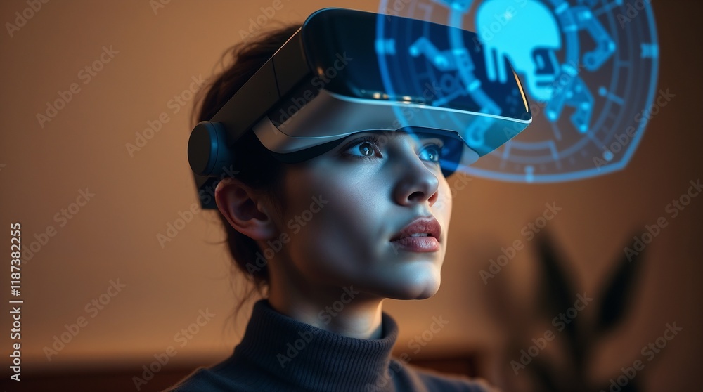 School student with VR headset using AI artificial intelligence ...