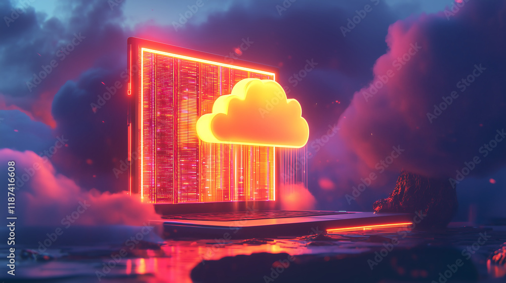 Stylized digital art depicting a glowing orange cloud icon hovering over a neonlit server rack ...