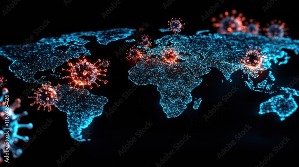 World map displaying highlighted zones of viral spread and infection ...