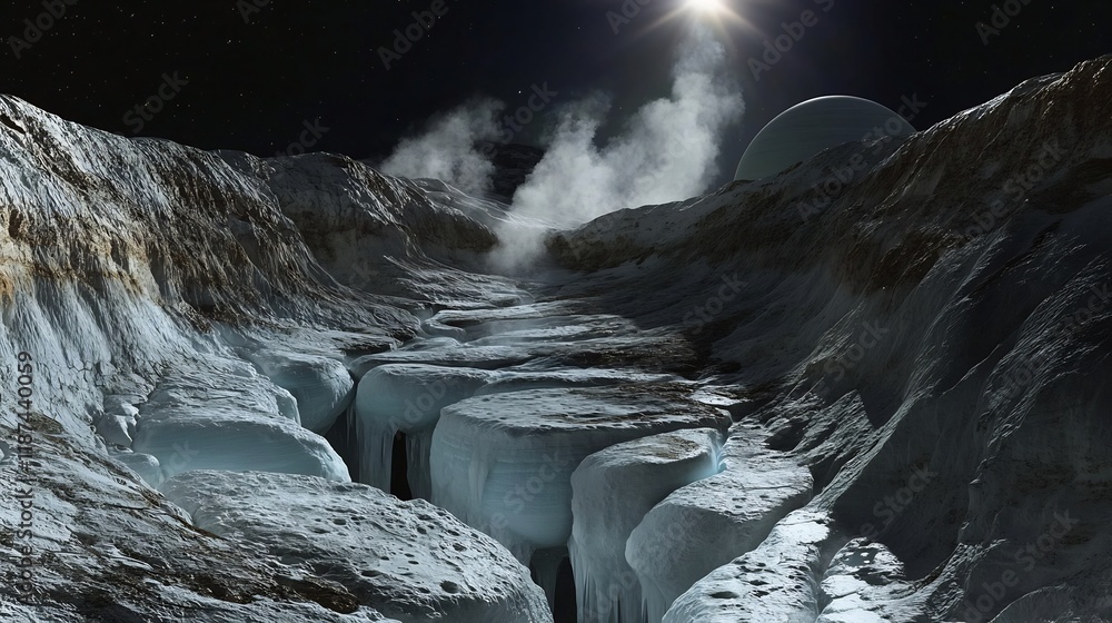 Icy moon Enceladus visualized cracks and geysers emitting vapor hinting ...