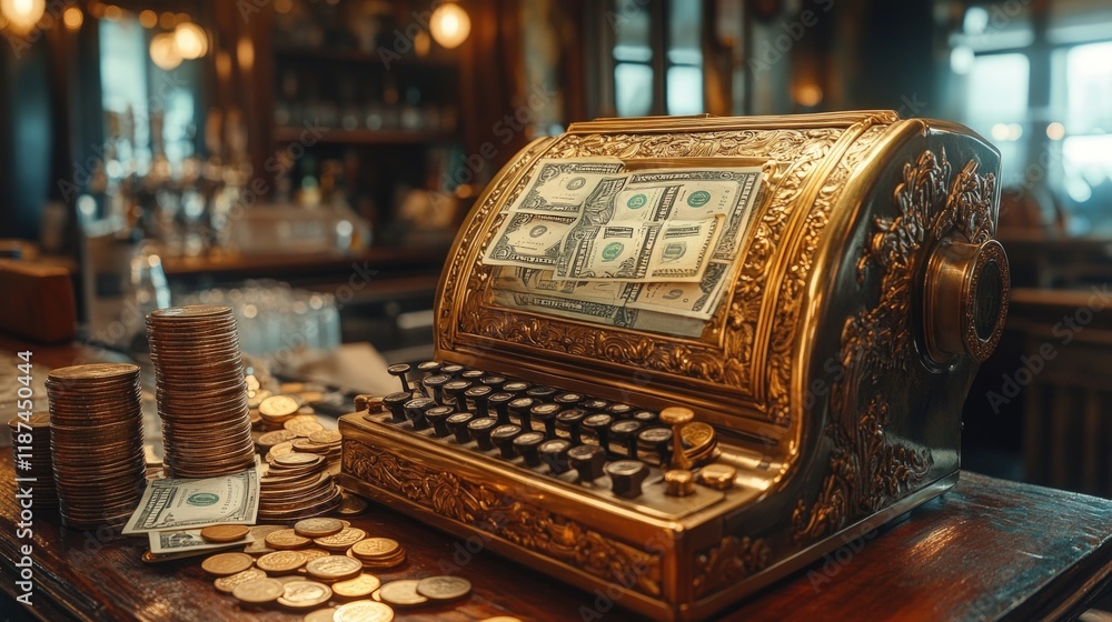 Antique brass cash register with coins and bills on a bar counter ...
