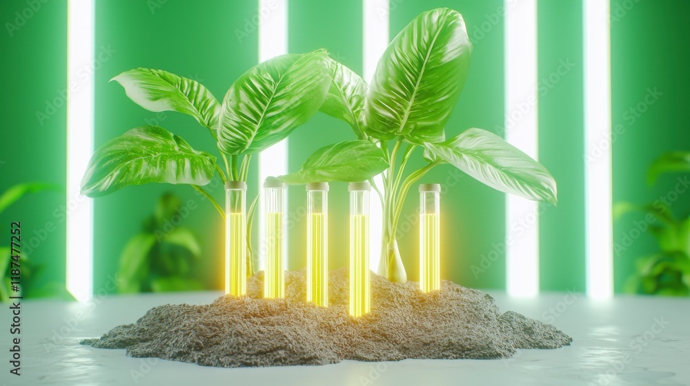 Tropical plants with glowing test tubes in innovative laboratory ...