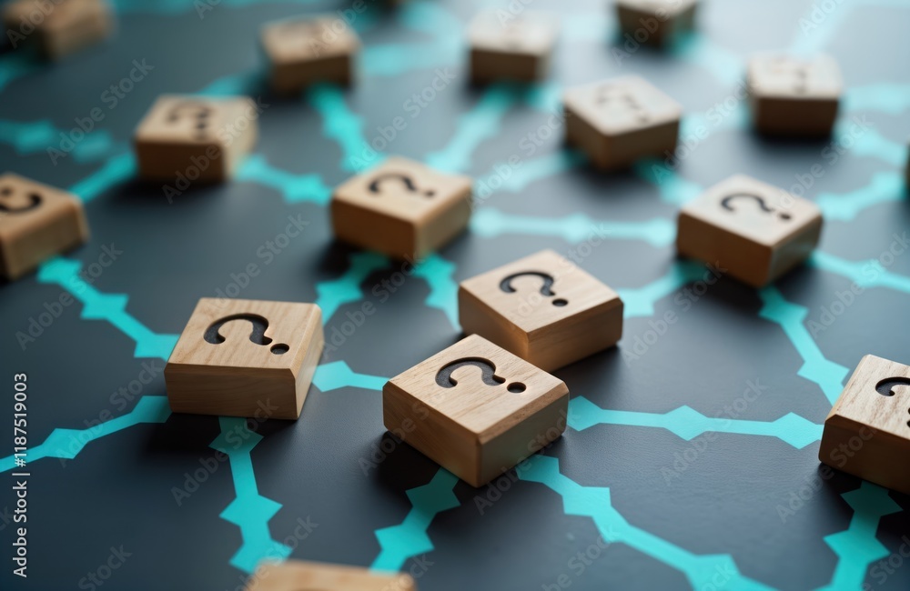 Wooden blocks with question marks connected by network. Exploration of ...