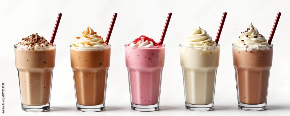 Various milkshake smoothies in clear glasses. Different flavors like ...