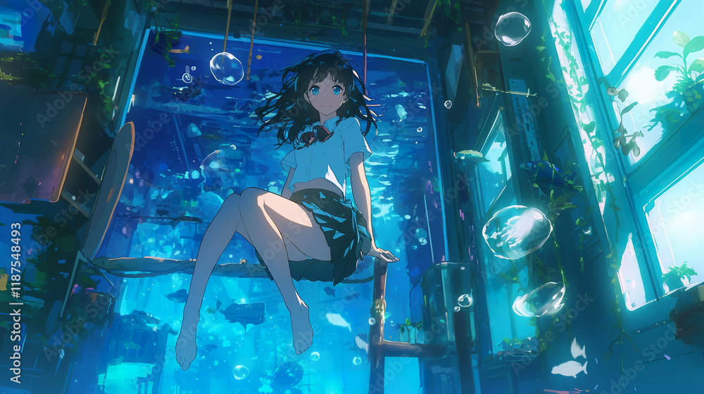 The image depicts an anime-style scene with a young girl sitting on a ...