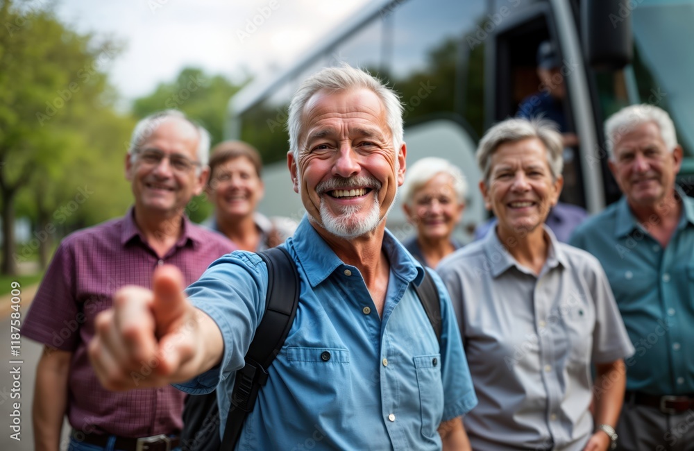 Group of happy senior tour participants stand outdoors in front of tour ...