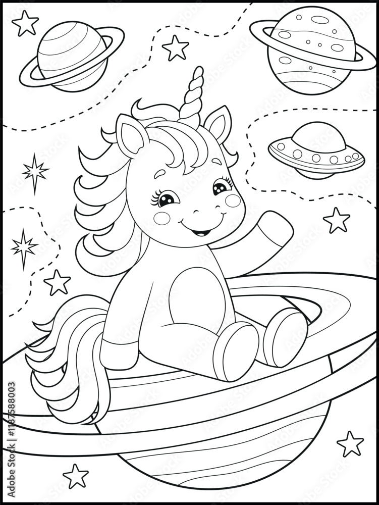 Space Unicorn Coloring Page for Kids. Printable Black and White ...