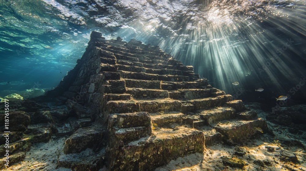 Ilustración de Stock Deep in the ocean, an old stone pyramid stands as ...