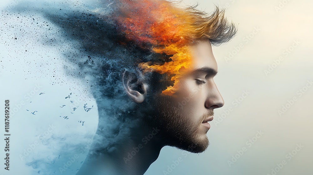 Human enlightenment portrait, chromatic split imagery, volumetric rays ...