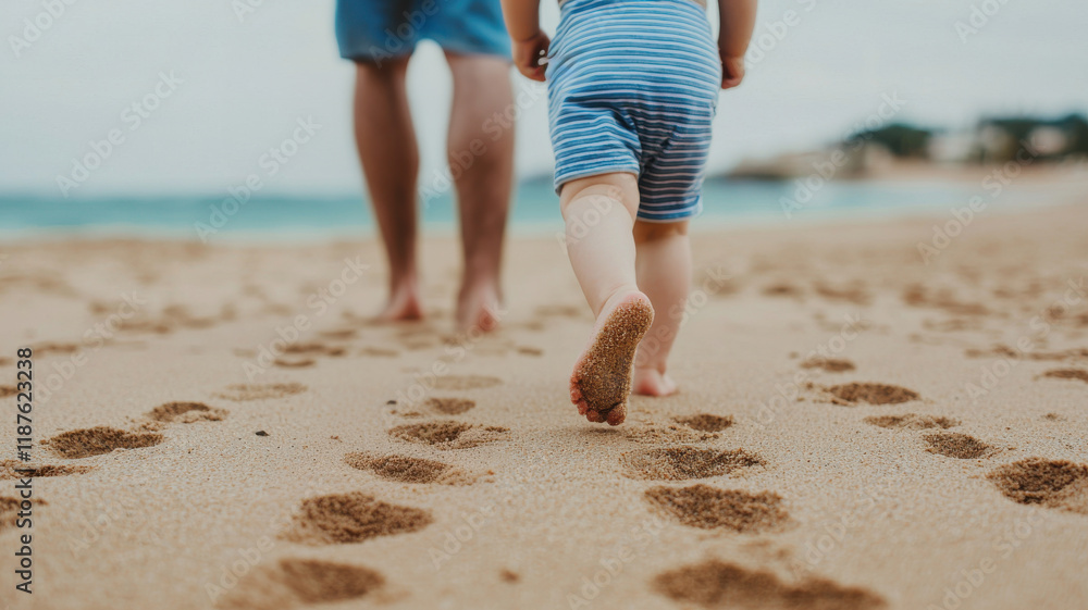 Child's First Step, Child first steps on beach, leaving tiny footprints ...