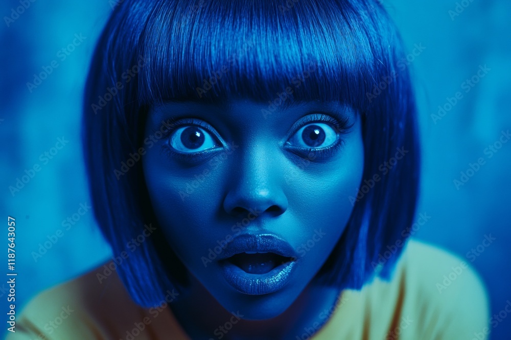 Commercial promotion idea. Short hairdo - blue hair. Attractive very ...