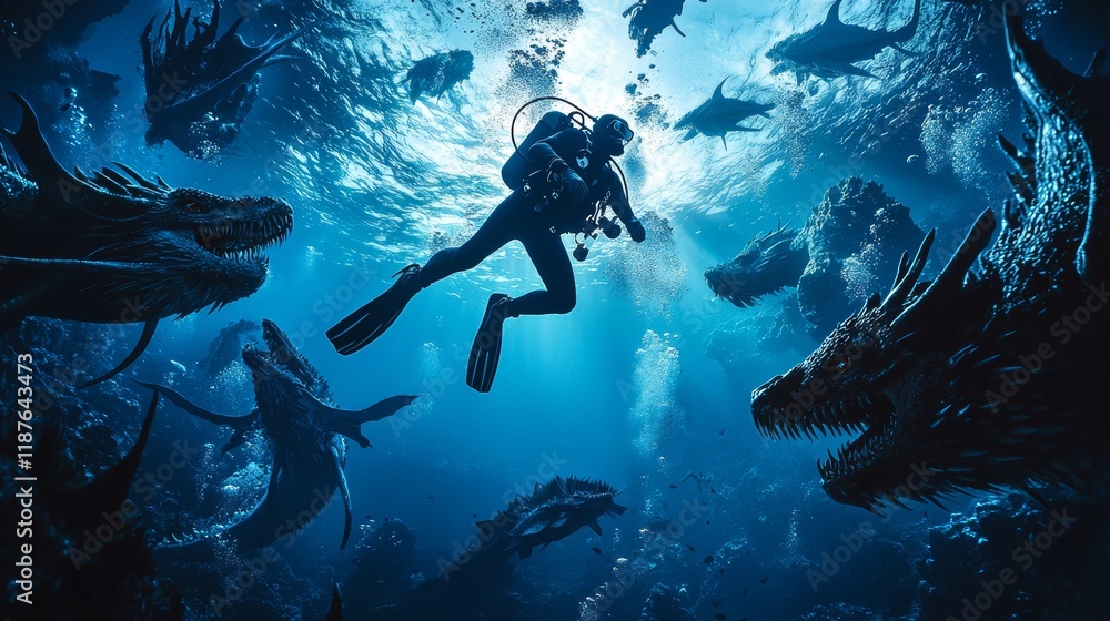 In the depths of the ocean, a frightening monster and a scuba diver ...