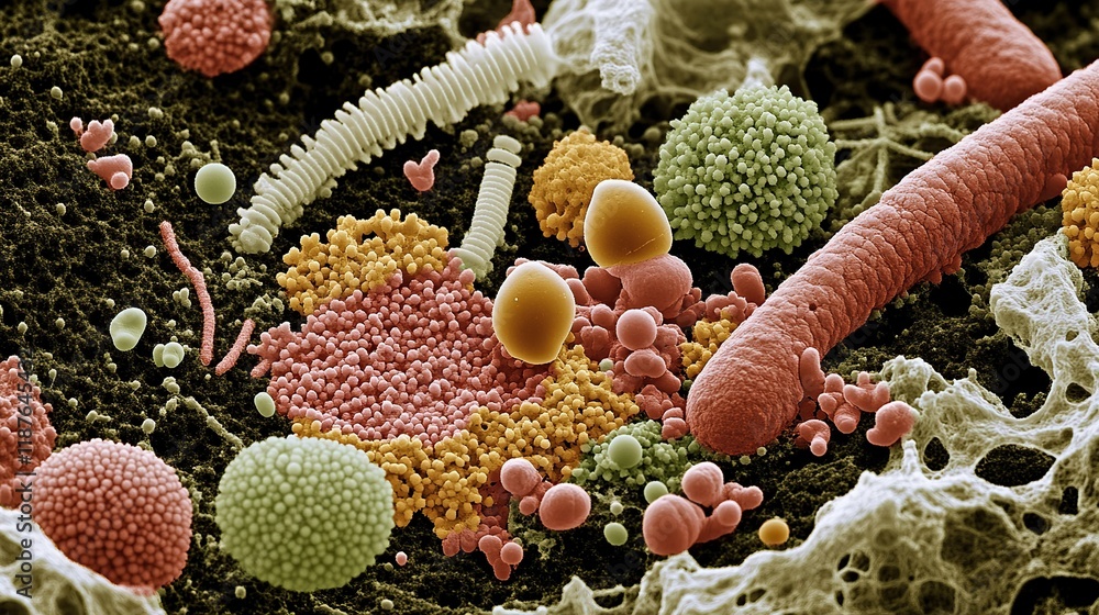 Microscopic view of diverse microorganisms, bacteria, spores, and fungi ...