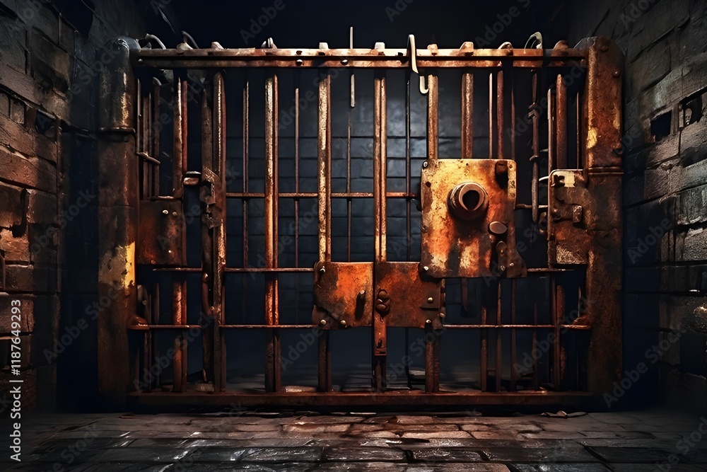 Old prison rusted metal bars cell lock with dark and bright in the jail ...