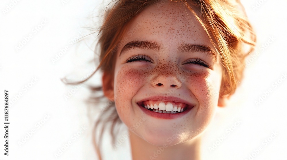 Ilustración de Stock Sun-Kissed Smile: A radiant young girl, freckles ...