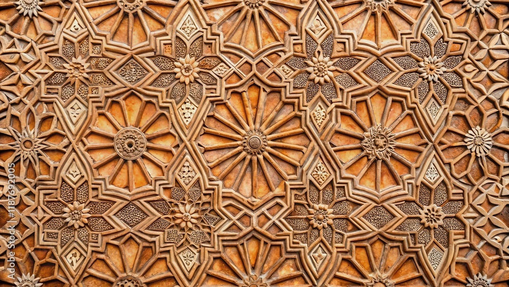 Distressed terracotta tiles with intricate geometric patterns and ...