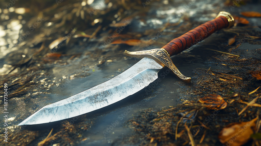 Ornate medieval dagger with a sharp steel blade and detailed gold hilt ...