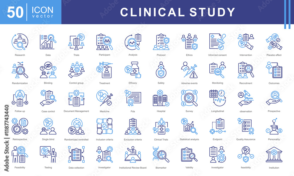 Clinical study icon collection set. Containing adverse event, baseline ...