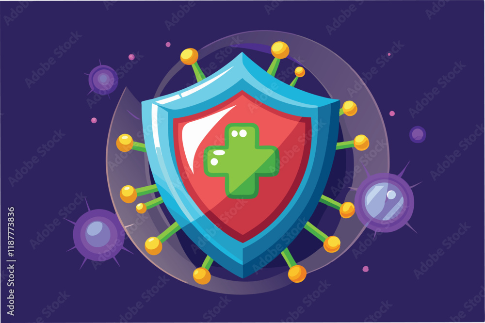 Animated shield with cross symbol blocking hmpv and covid virus ...