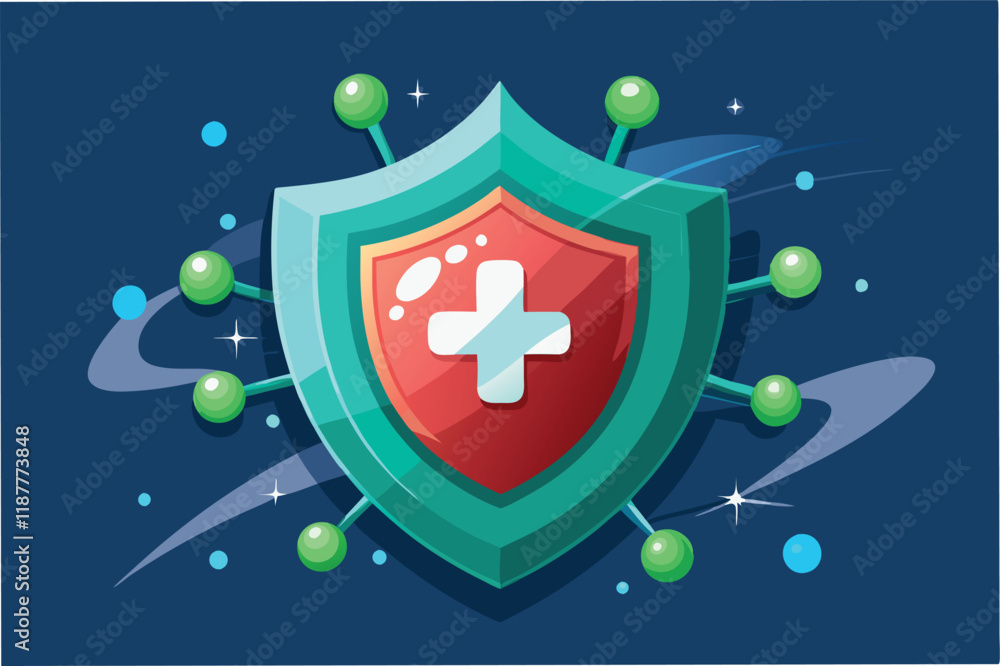 Animated shield with cross symbol blocking hmpv and covid virus ...