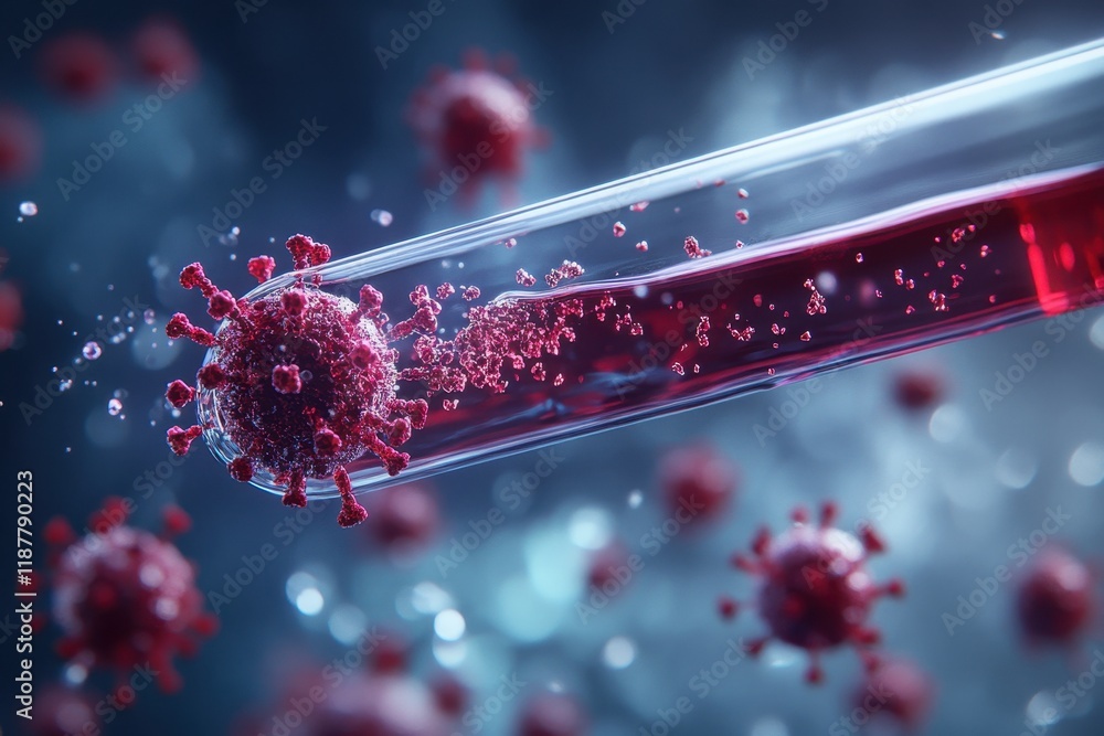 Lab test tube animation, with liquid bubbling and hmpv and covid virus ...