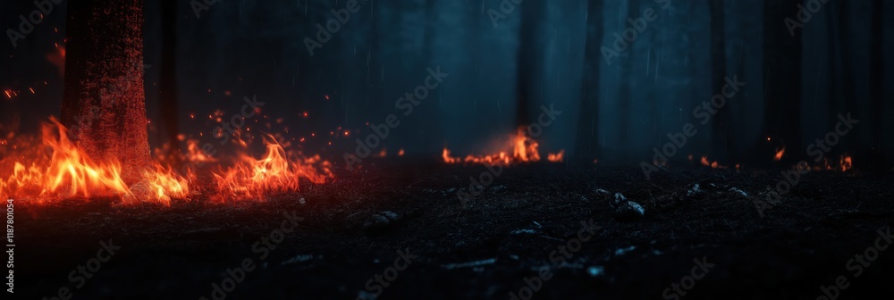 This haunting image depicts flames creeping through a dark forest ...