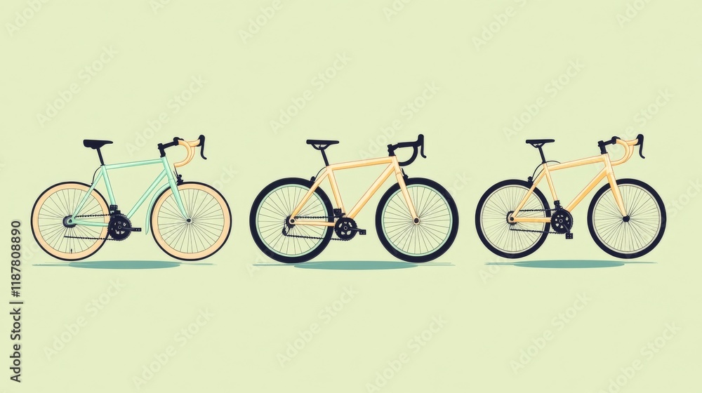 Simple bicycle icons collection, minimalist geometric shapes, mint ...