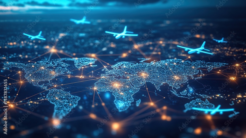 Global air travel network connection visualization. Stock Illustration ...