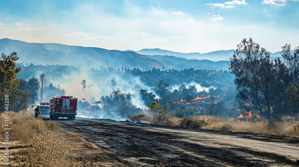 Fire truck and firefighters battle blazes, wildfire forest fire ...