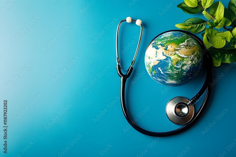 Stethoscope with Earth globe on blue background, symbolizing global ...