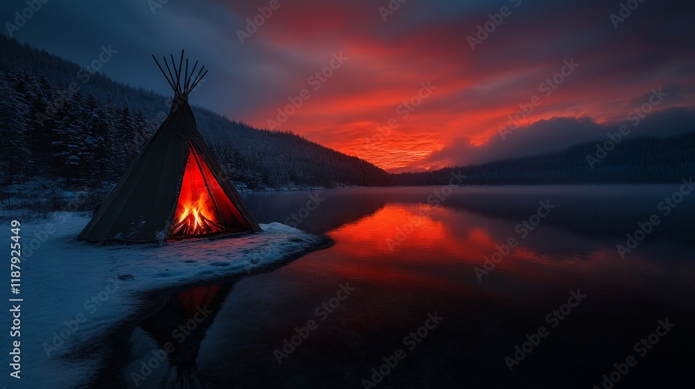 A beautiful sunset over an Indian tipi with snow covering the ground ...