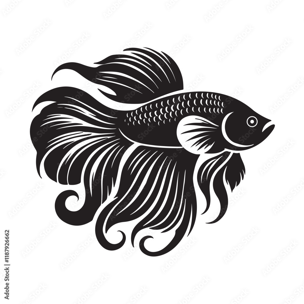 Elegant black and white illustration of a betta fish with flowing fins ...